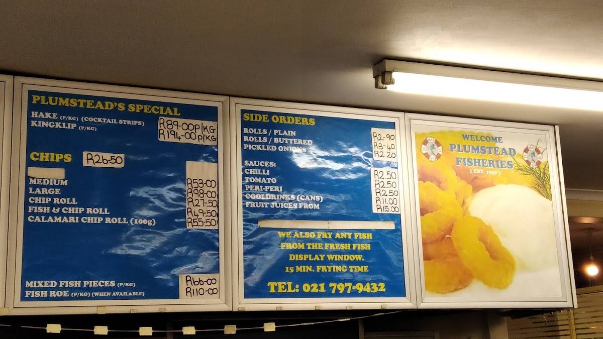 Menu at Plumstead Fisheries restaurant, Cape Town