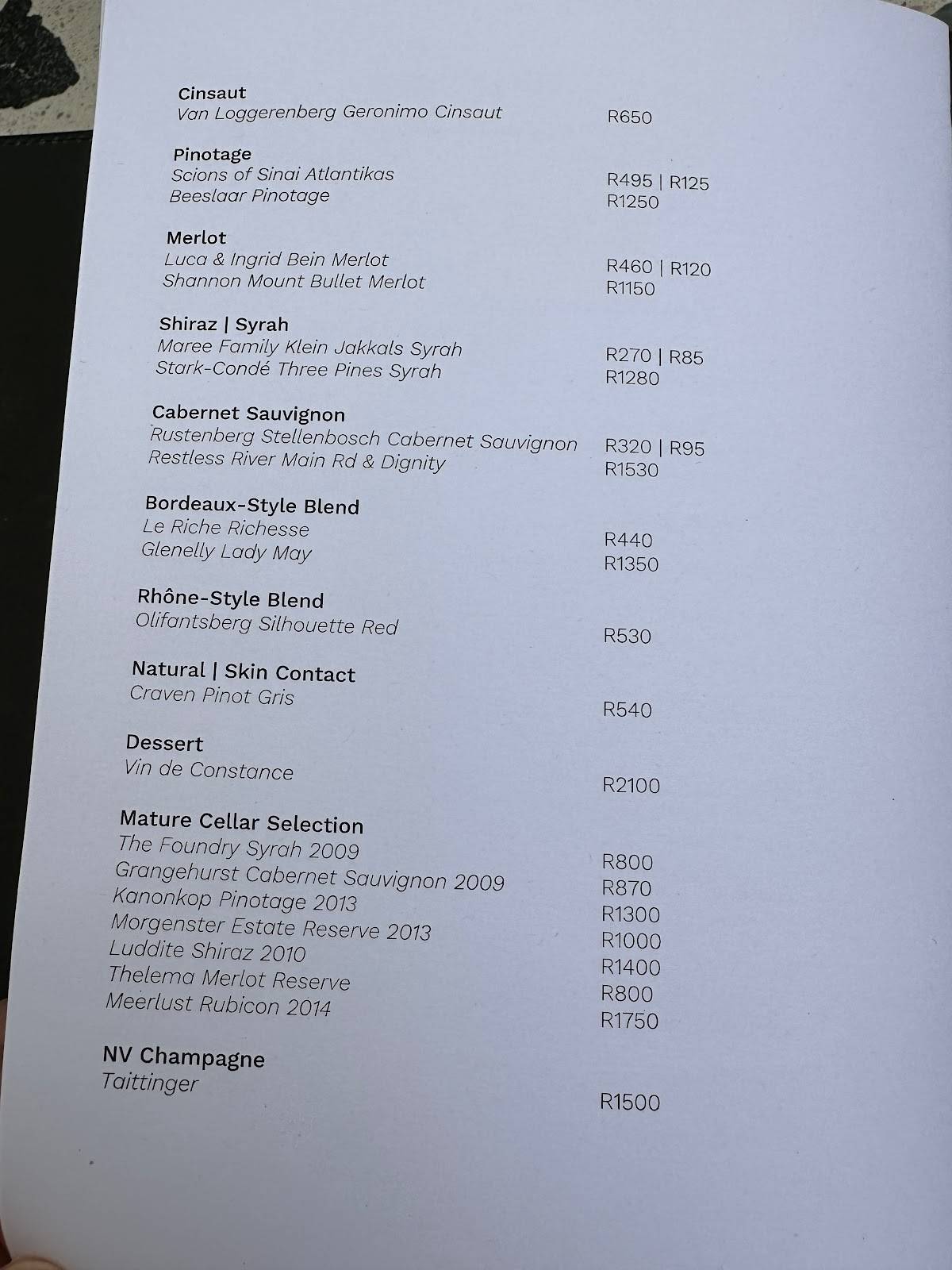 Menu at Upper Union restaurant, Cape Town