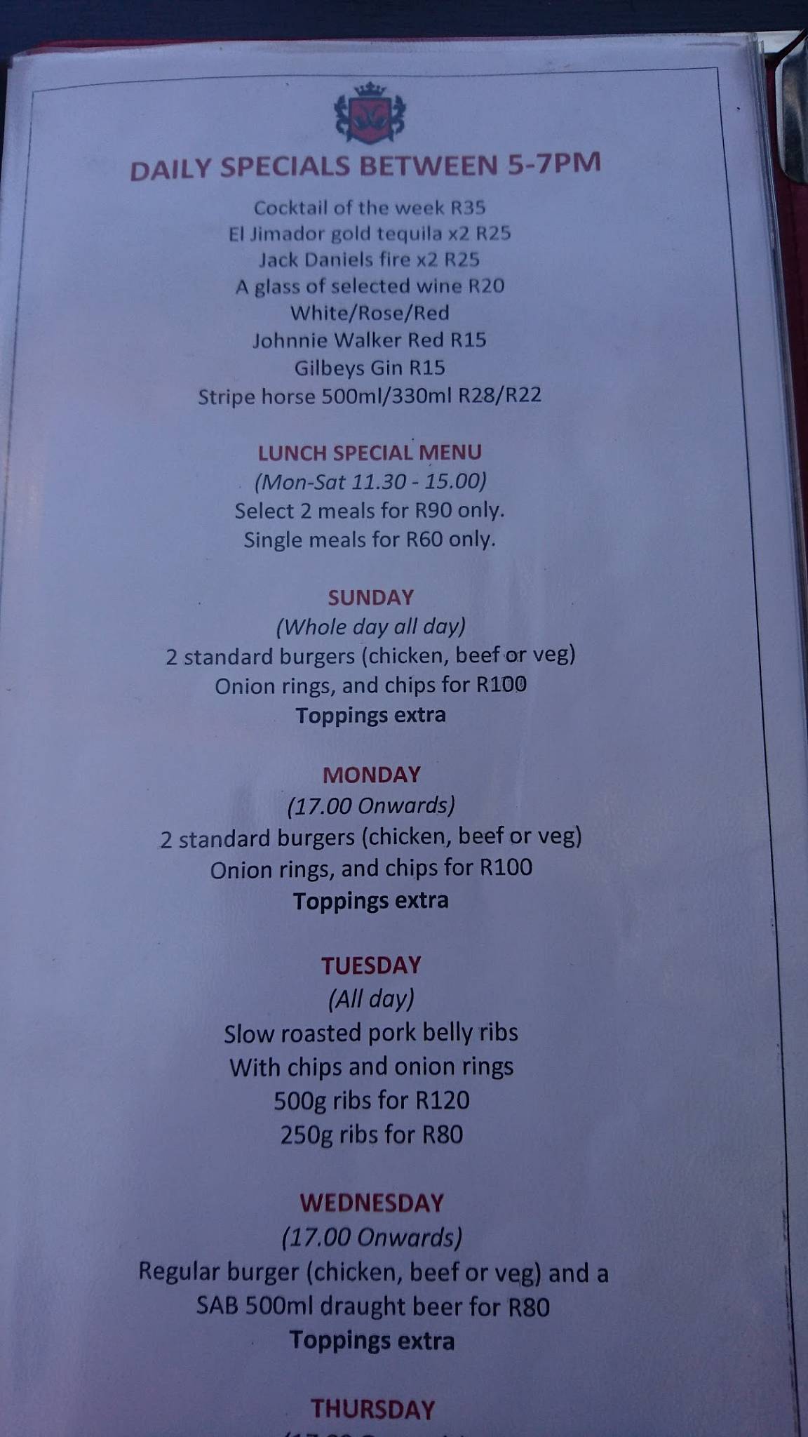 Menu at Van Hunks pub & bar, Cape Town
