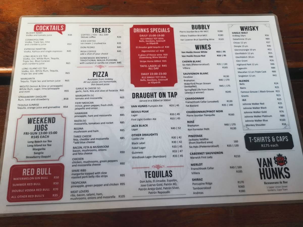 Menu at Van Hunks pub & bar, Cape Town