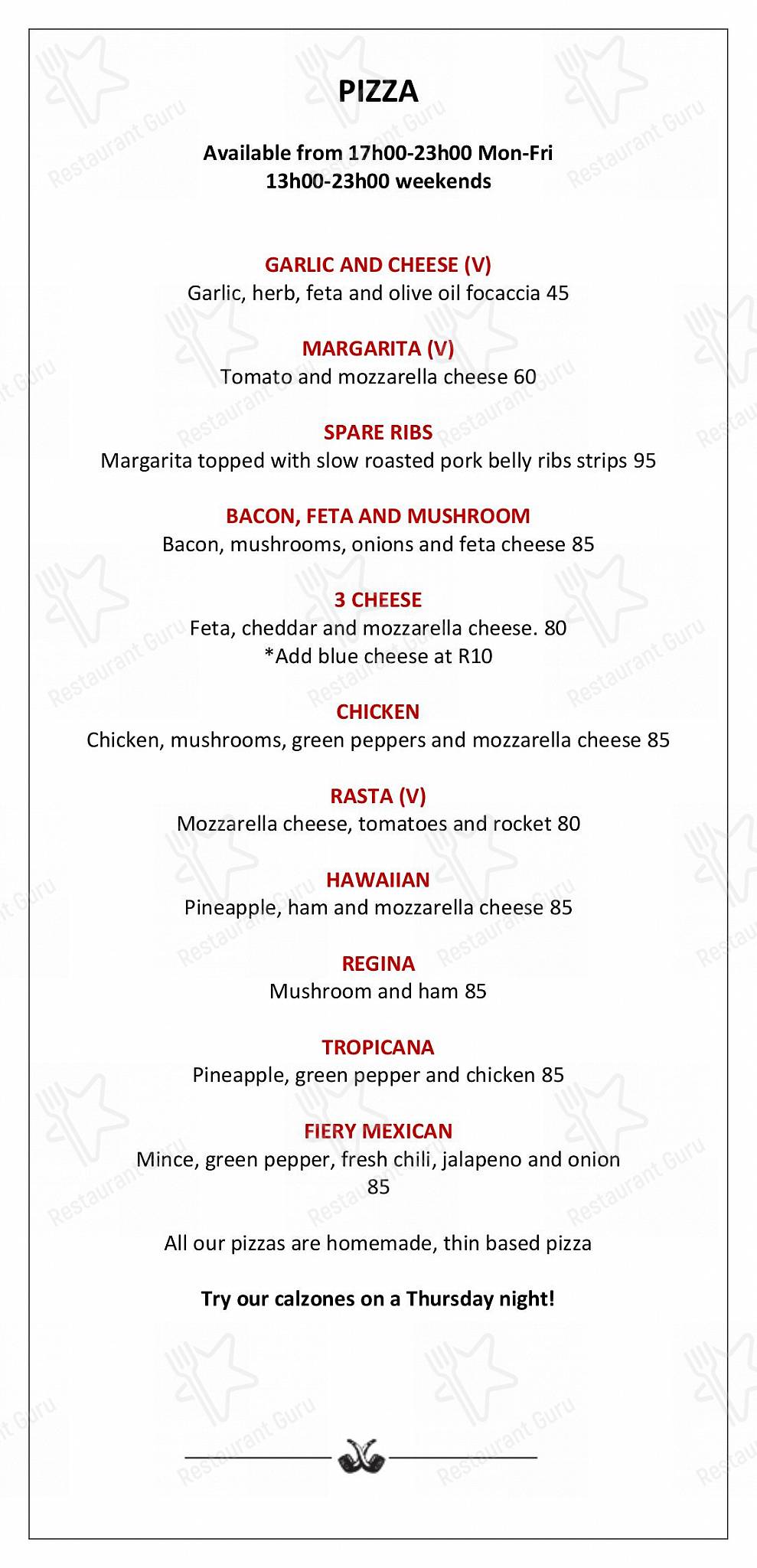 Menu at Van Hunks pub & bar, Cape Town