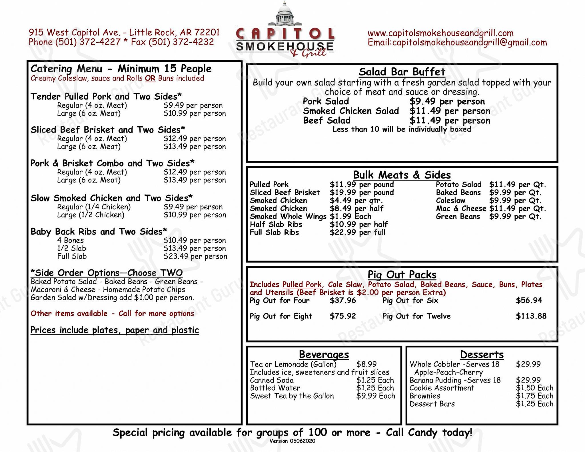 Menu at Capitol Smokehouse & Grill restaurant, Little Rock
