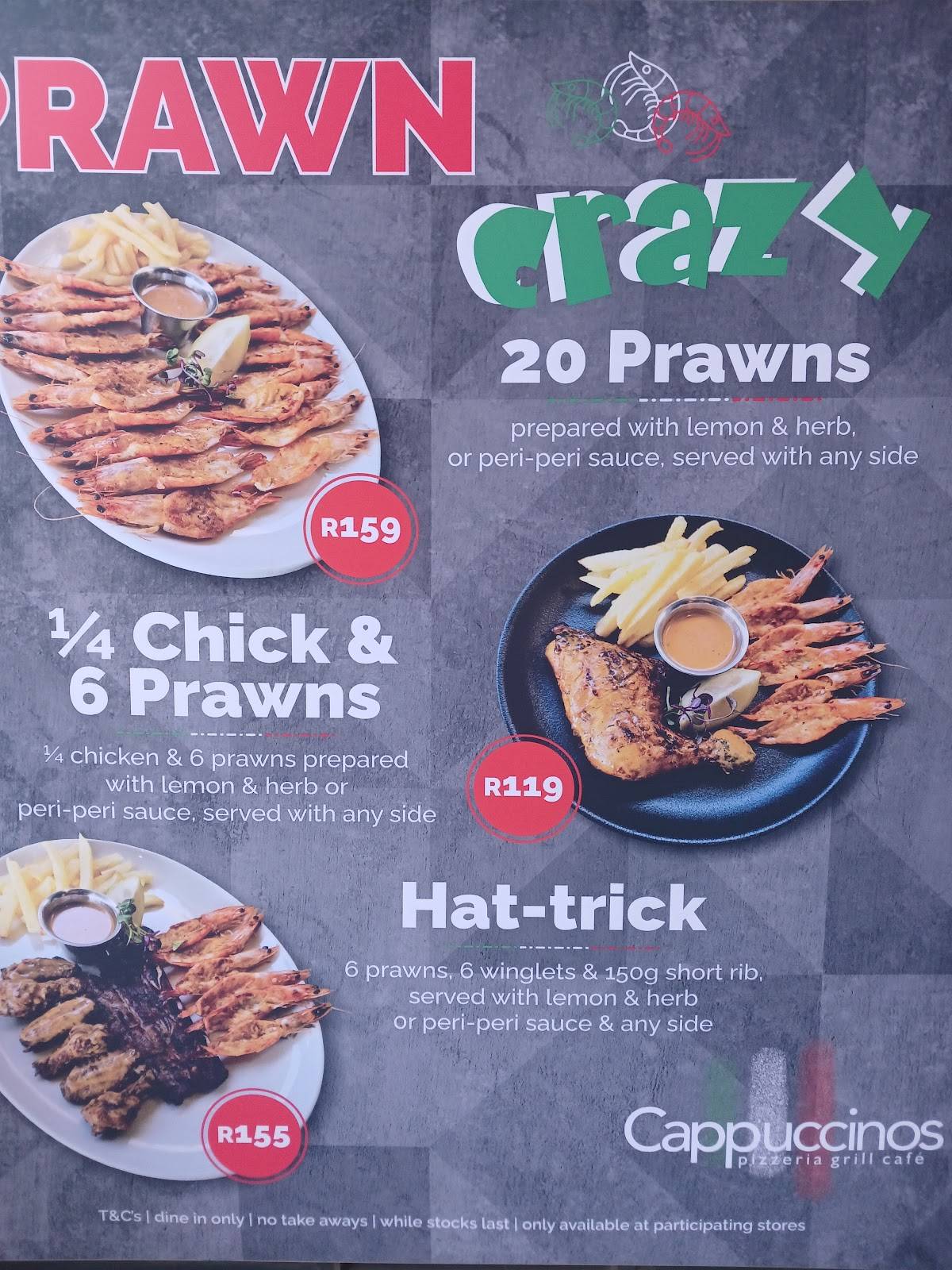 Menu at Cappuccino's Woodlands restaurant, Pretoria, Garsfontein Rd
