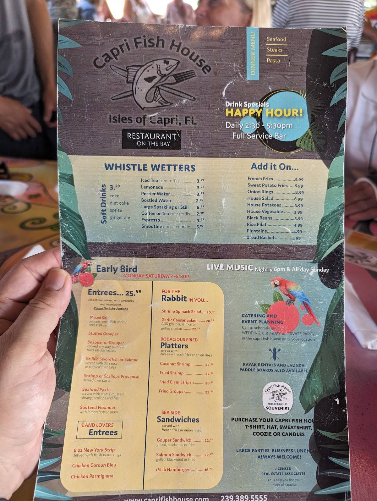 Menu at Capri Fish House restaurant, Marco Island, 203 Capri Blvd