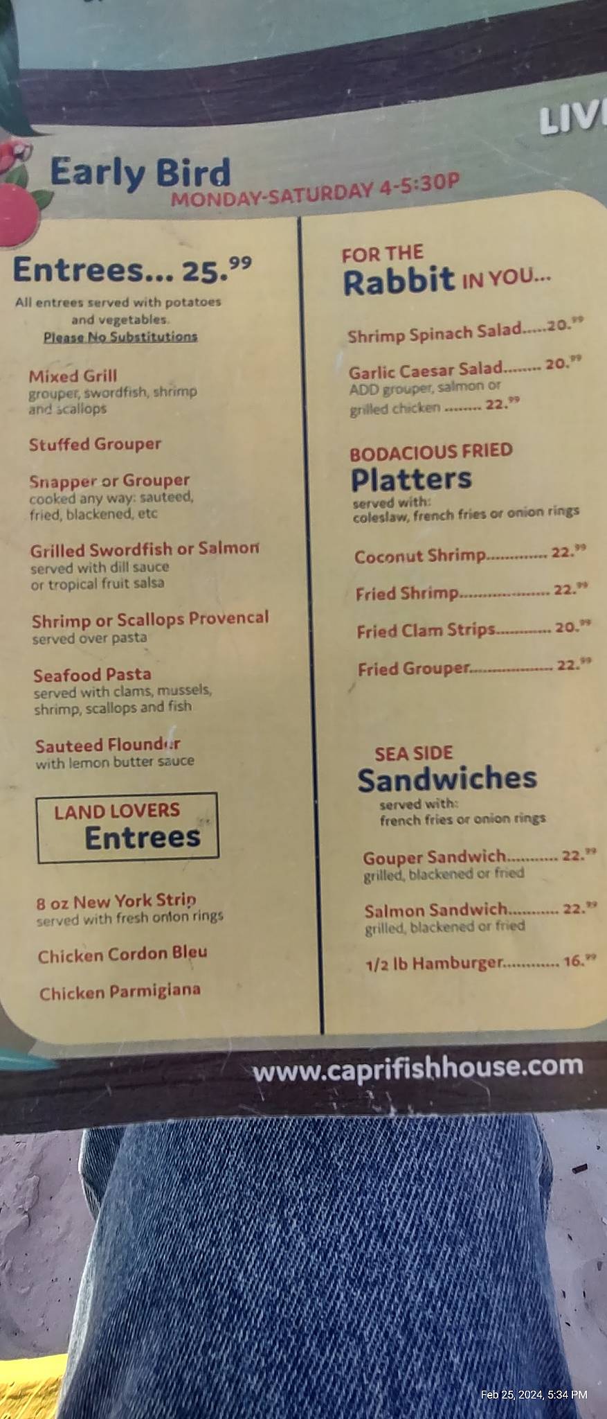 Menu at Capri Fish House restaurant, Marco Island, 203 Capri Blvd