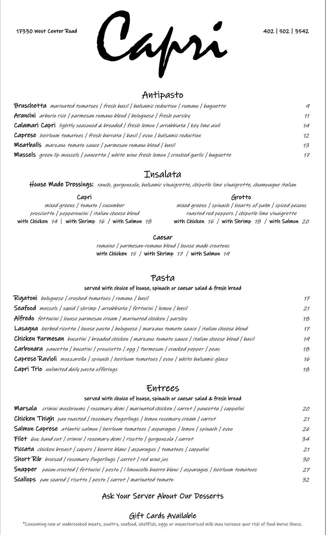 Menu at Capri restaurant, Omaha