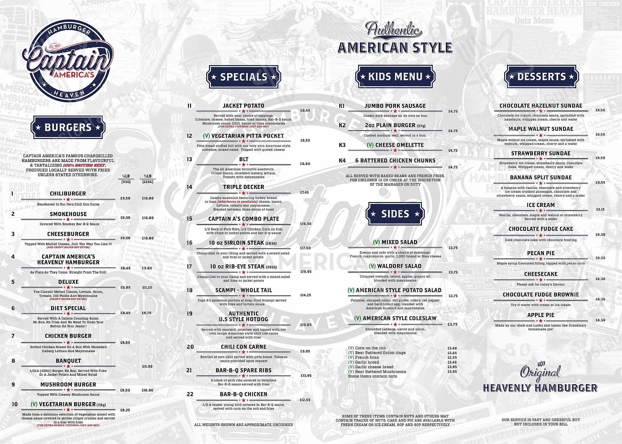 Menu at Captain America's restaurant, Norwich