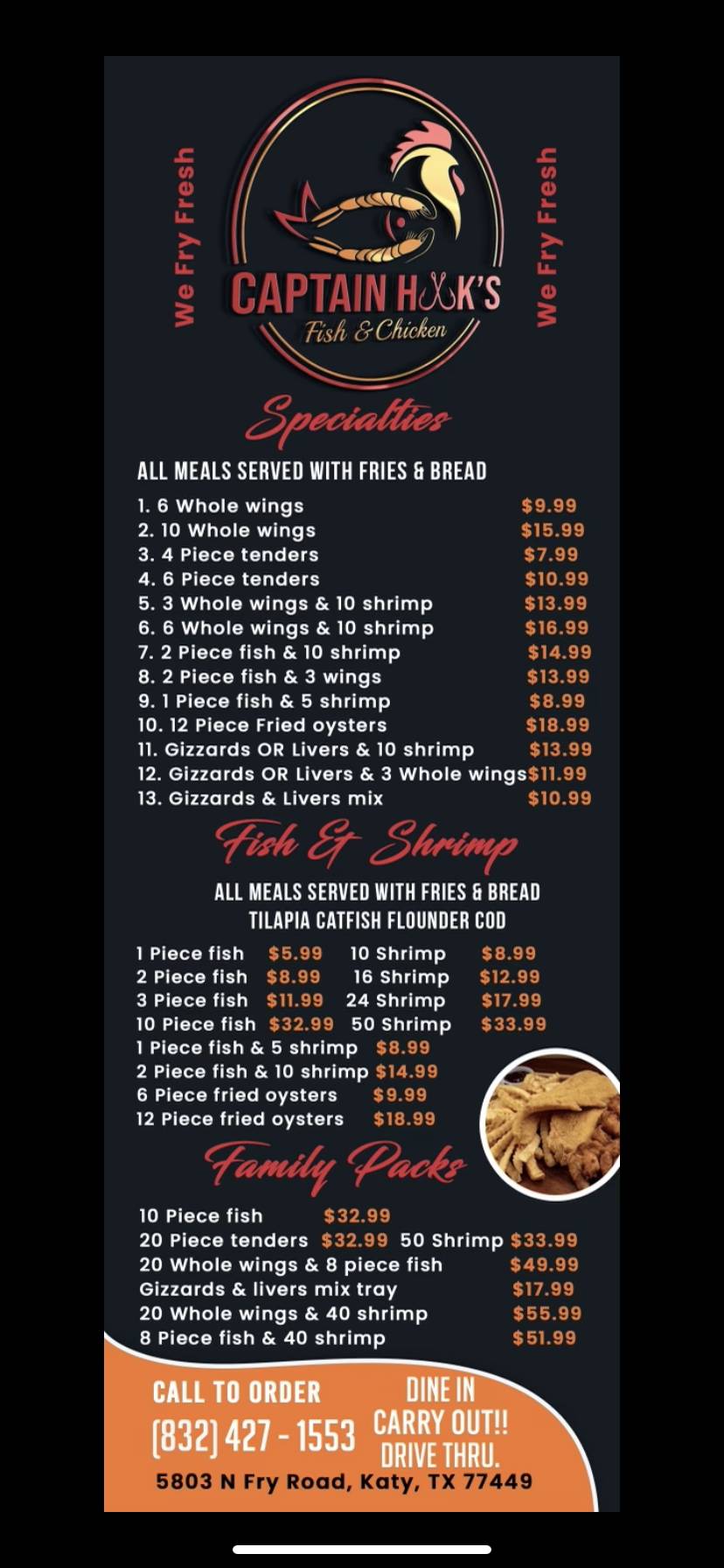 Menu at Captain Hook's restaurant, Houston