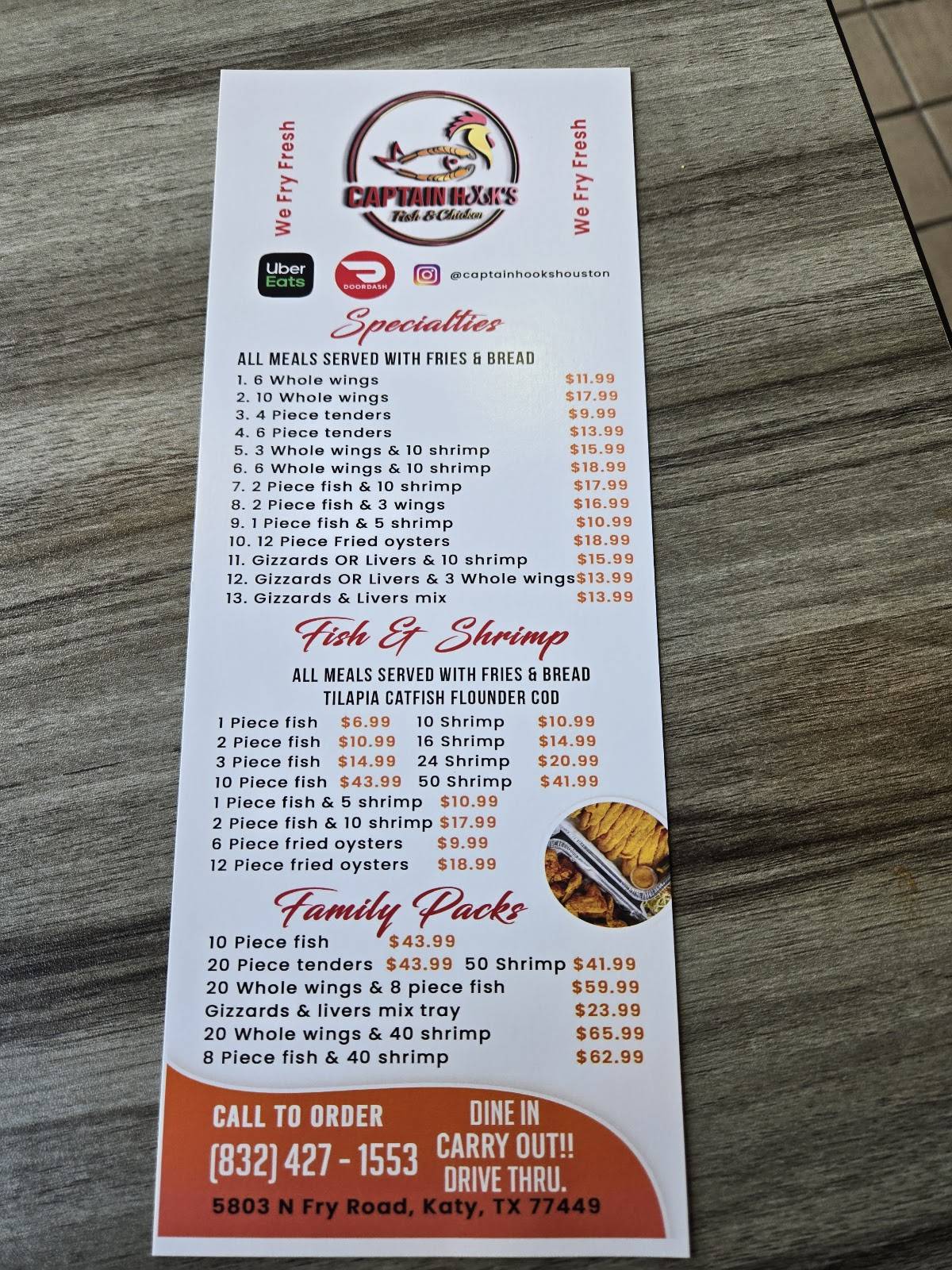 Menu at Captain Hook's restaurant, Houston
