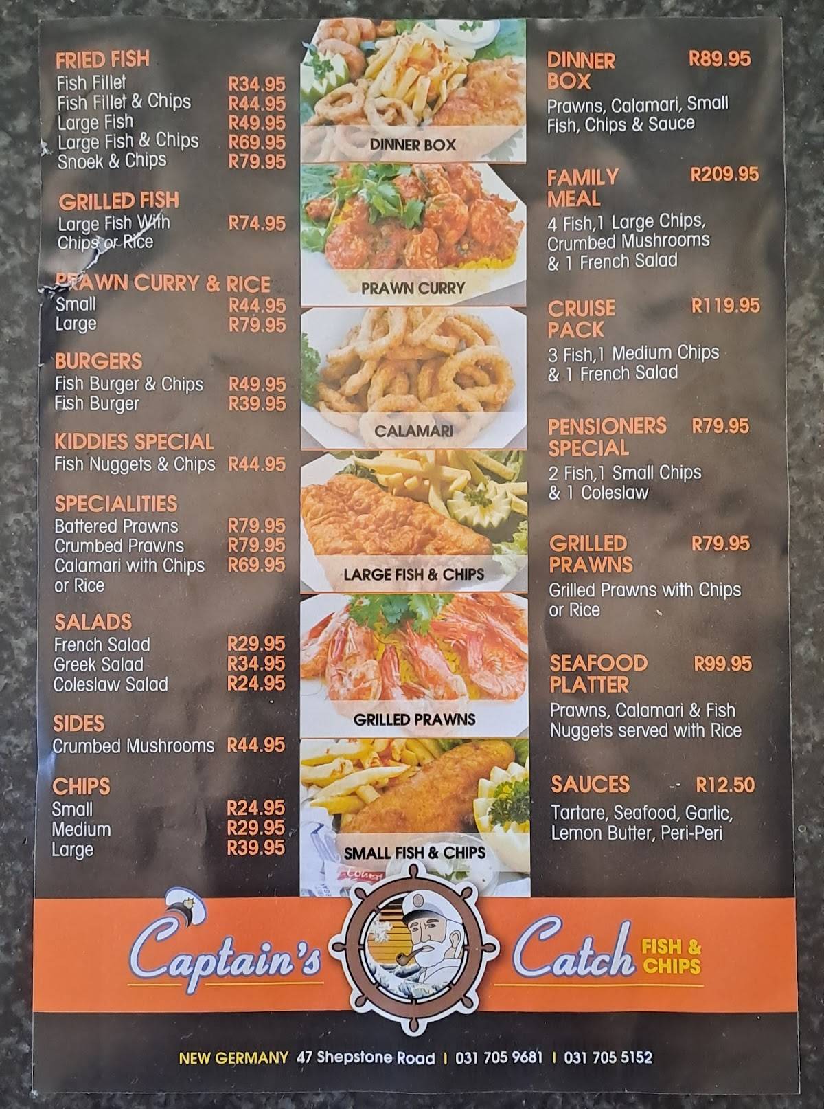 Menu at Captain's Catch Take Away restaurant, Durban
