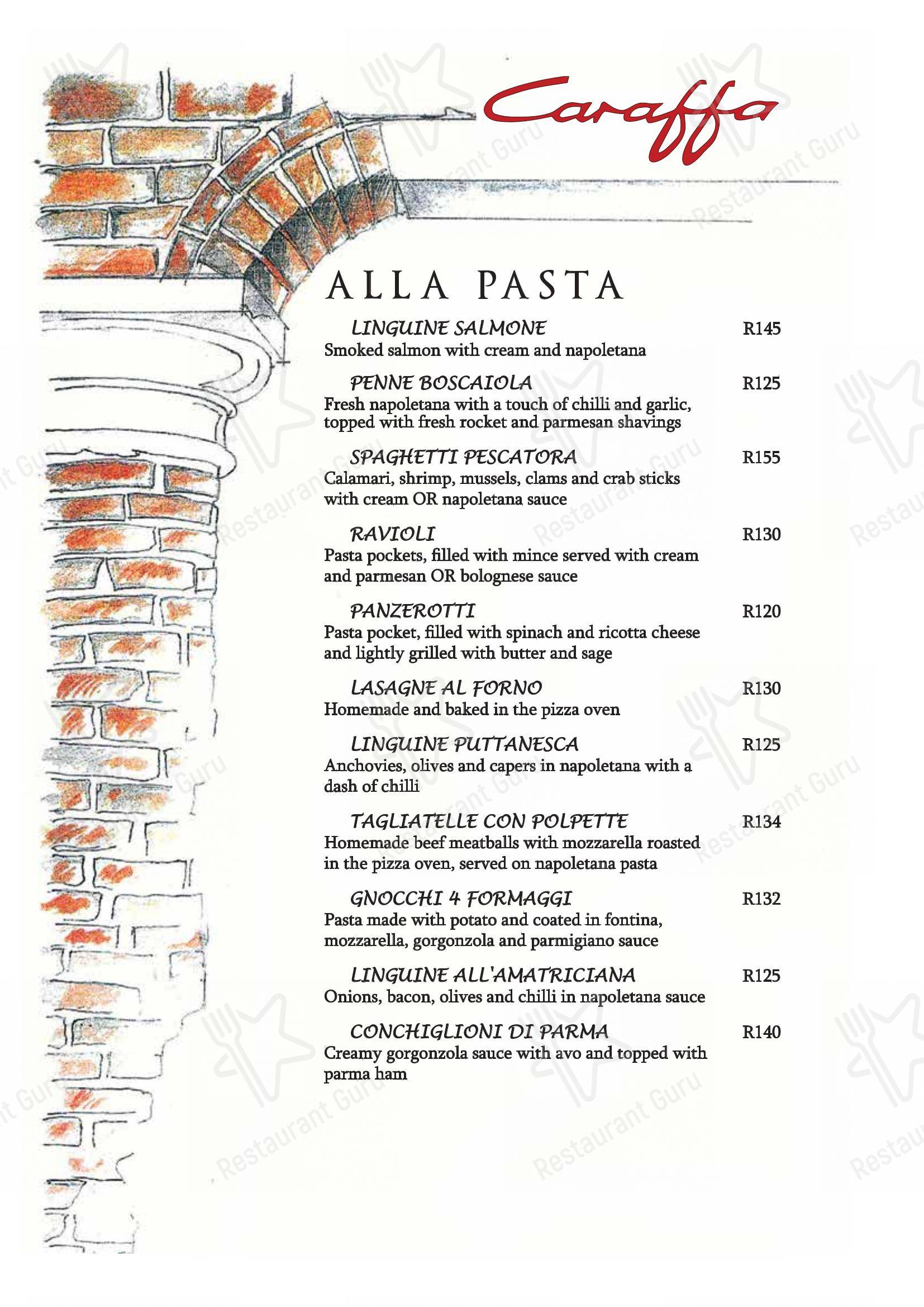 Menu at Caraffa Restaurant, Pretoria