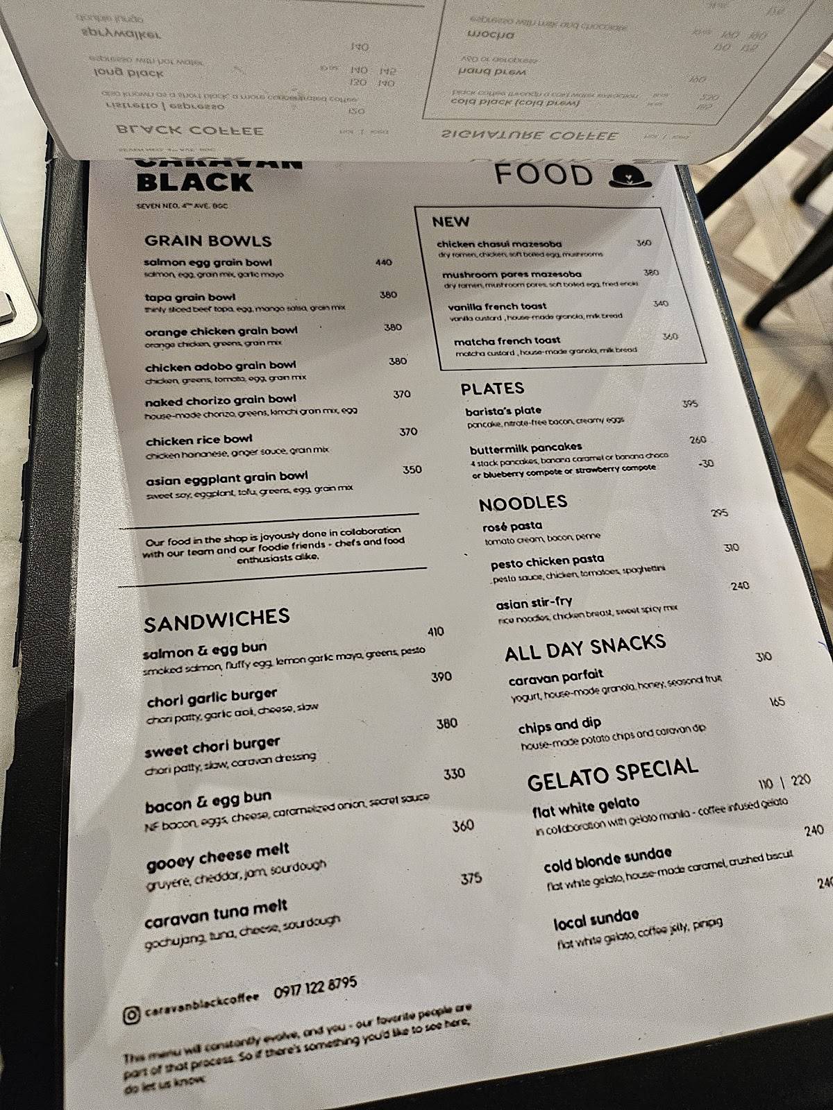 Menu at Caravan Black Coffee Company cafe, Taguig