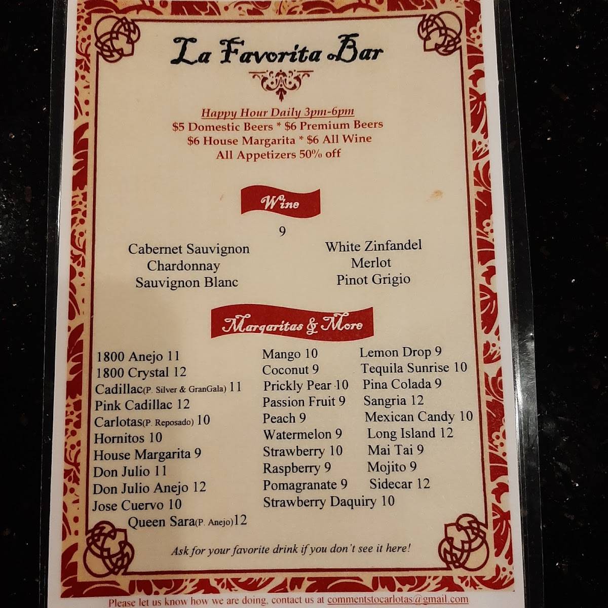Menu at Carlota's Authentic Mexican restaurant, Catalina, N Oracle Rd