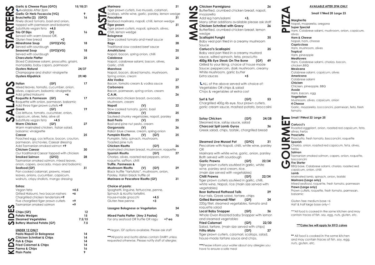Menu at Carlucci's Restaurant, Templestowe, 134 James St