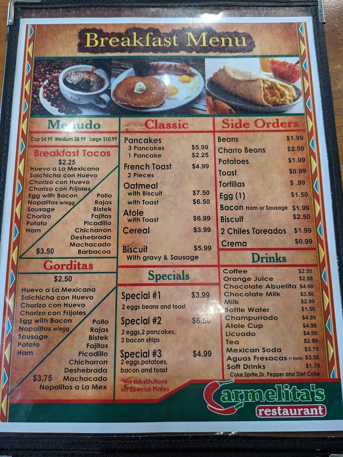 Menu at Carmelita's Restaurant Mission, Mission