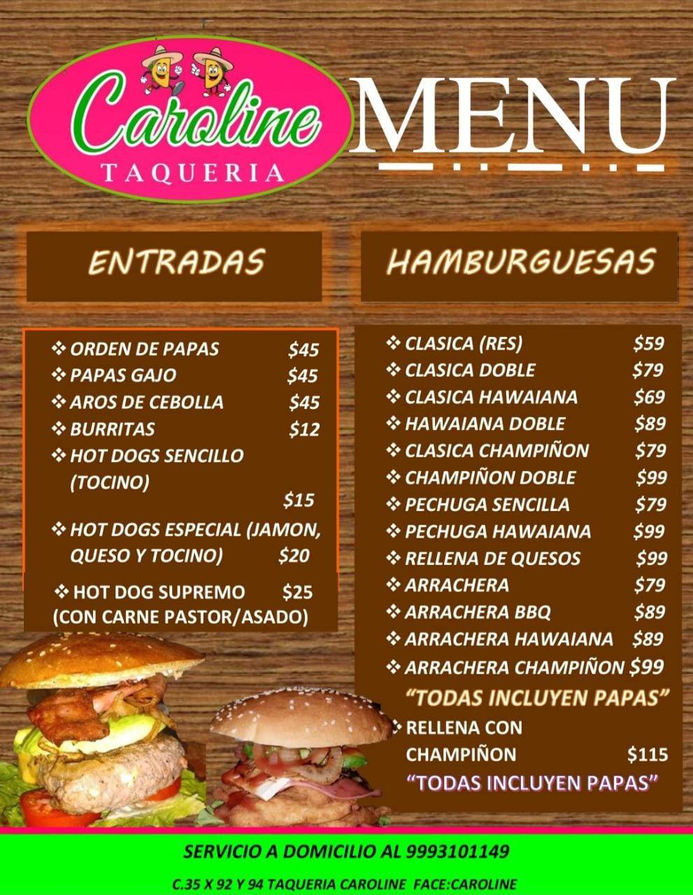 Menu at Caroline Hamburguesas restaurant, Progreso