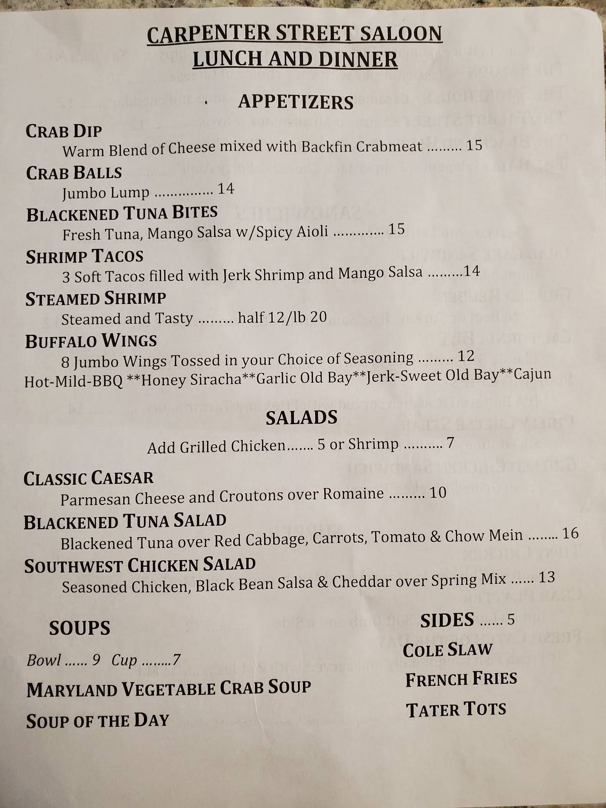 Menu at Carpenter Street Saloon pub & bar, Saint Michaels