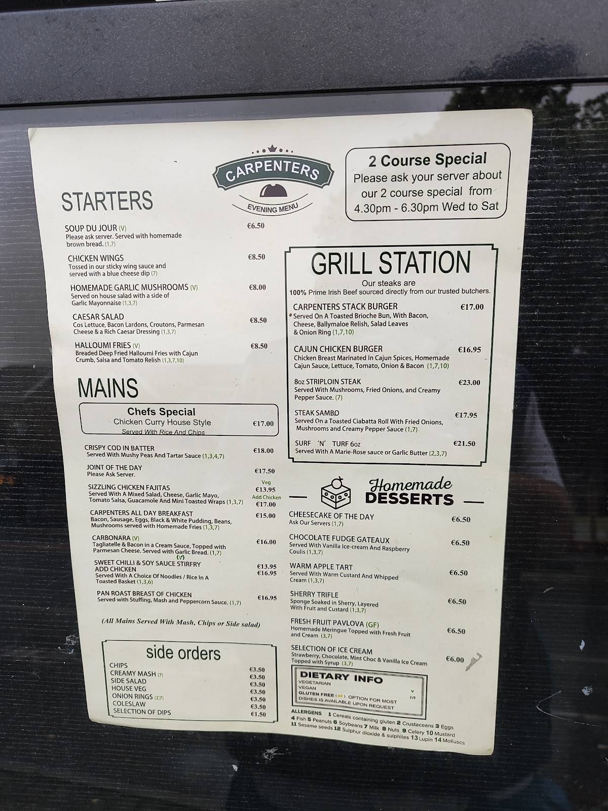 Menu at Carpenters Bar Lounge & Restaurant, Carlow