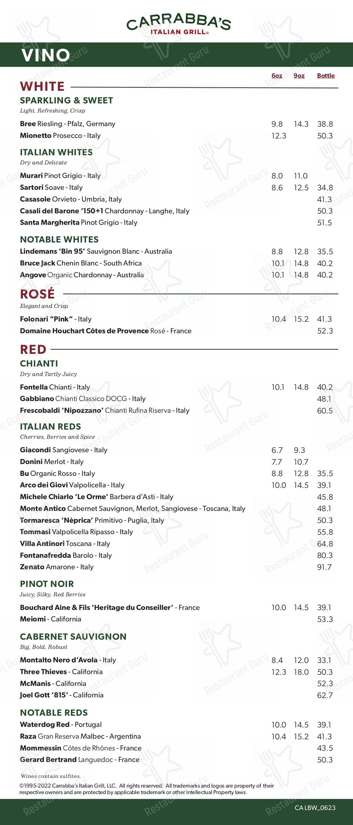 Menu at Carrabba's Italian Grill (Moncton) restaurant, Moncton