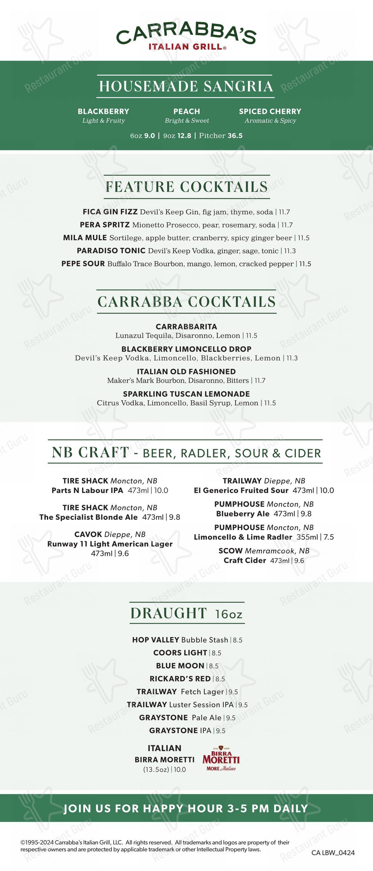Menu at Carrabba's Italian Grill (Moncton) restaurant, Moncton
