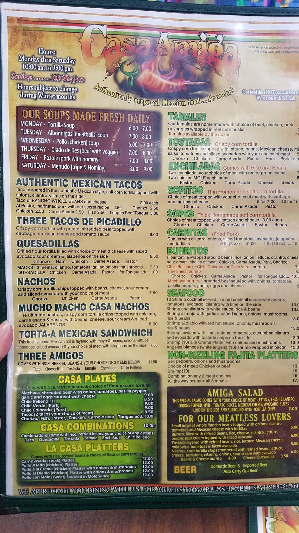 Menu at Casa Amiga restaurant, Grants Pass, 200 McDonald Ln