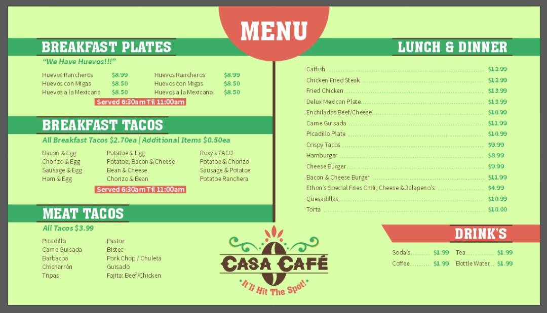 Menu at Casa Cafe, Creedmoor