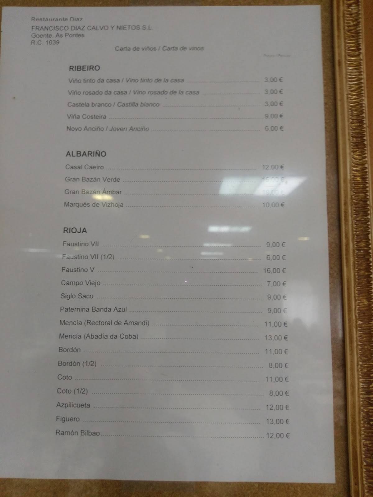 Menu at Casa Díaz restaurant, Spain