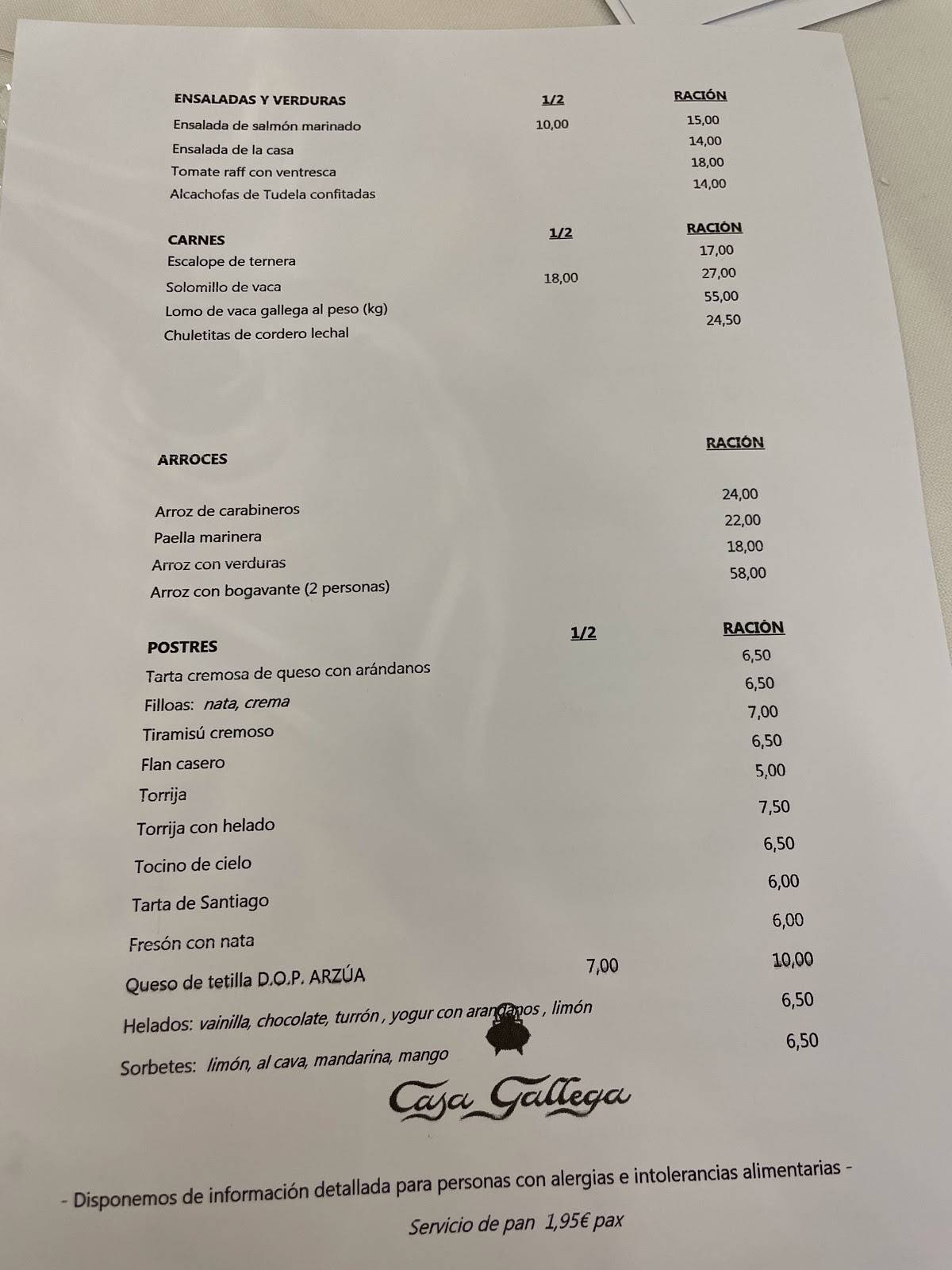 Menu at Restaurante Casa Gallega, Madrid, C. de Bordadores