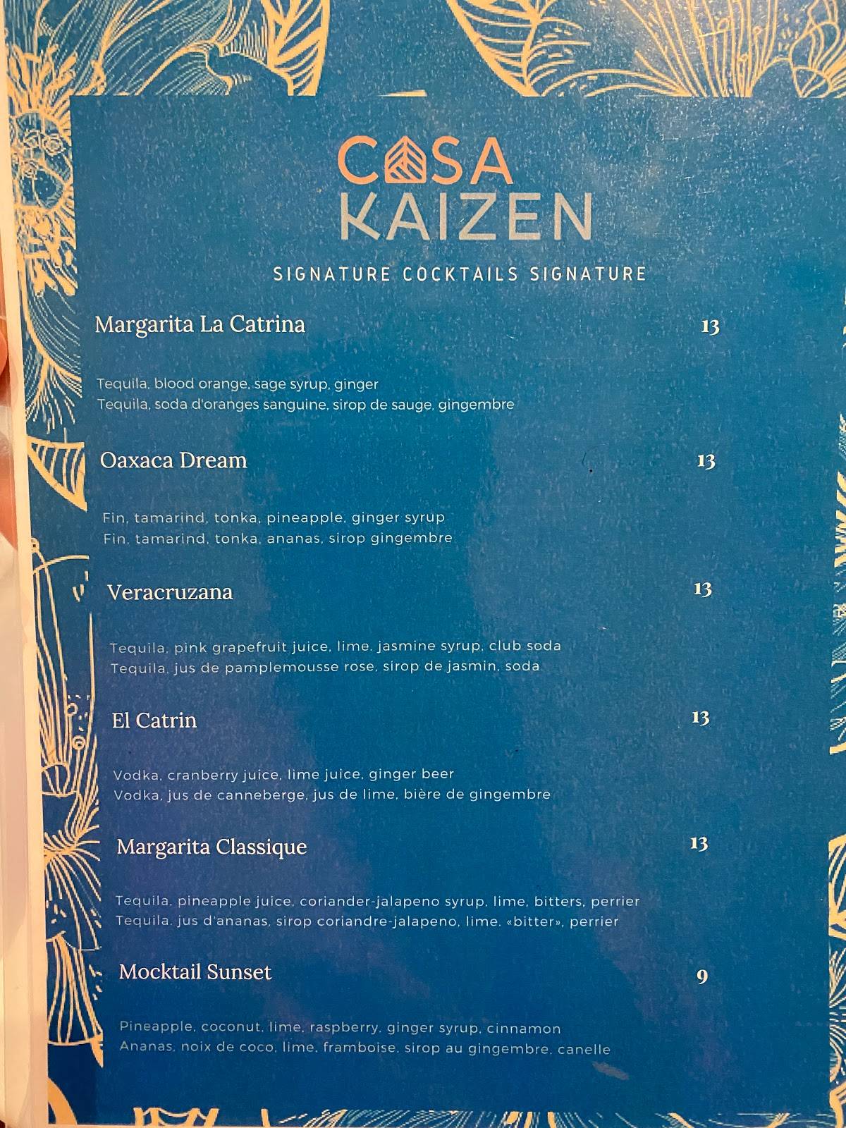 Menu au Casa Kaizen restaurant, Montréal, 16 Ave des Pins