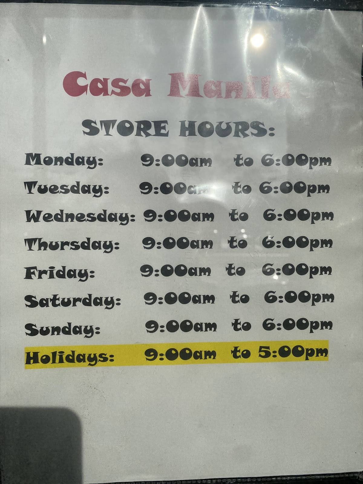 Menu at Casa Manila restaurant, Union