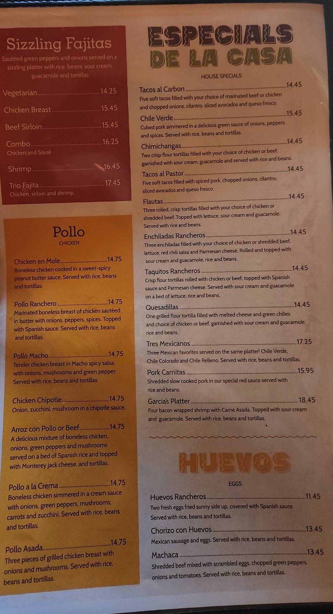 Menu at Casa Mexicana restaurant, Avoca