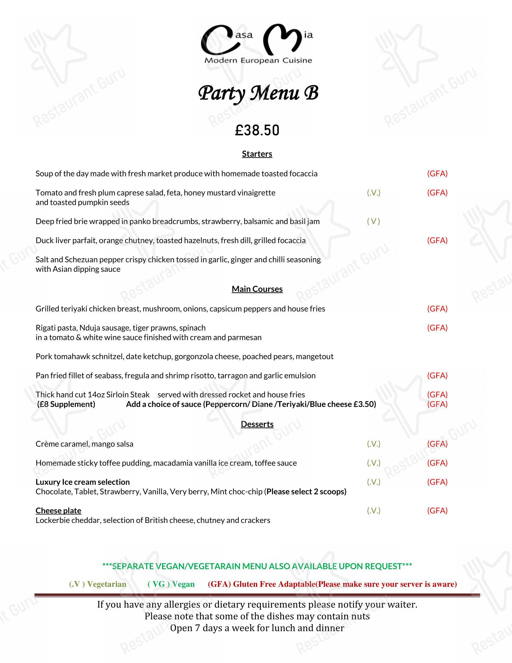 Menu at Casa Mia Dumfries restaurant, Dumfries