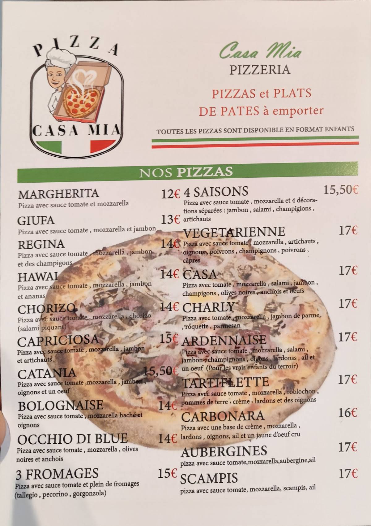 Menu au Casa Mia restaurant, Paliseul