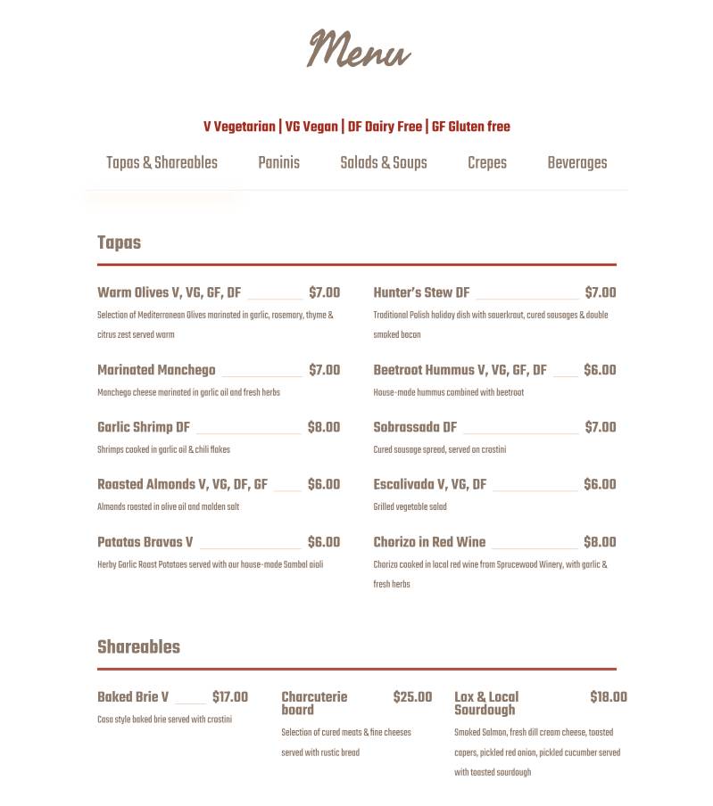 Menu au Casa Miro restaurant, Tecumseh