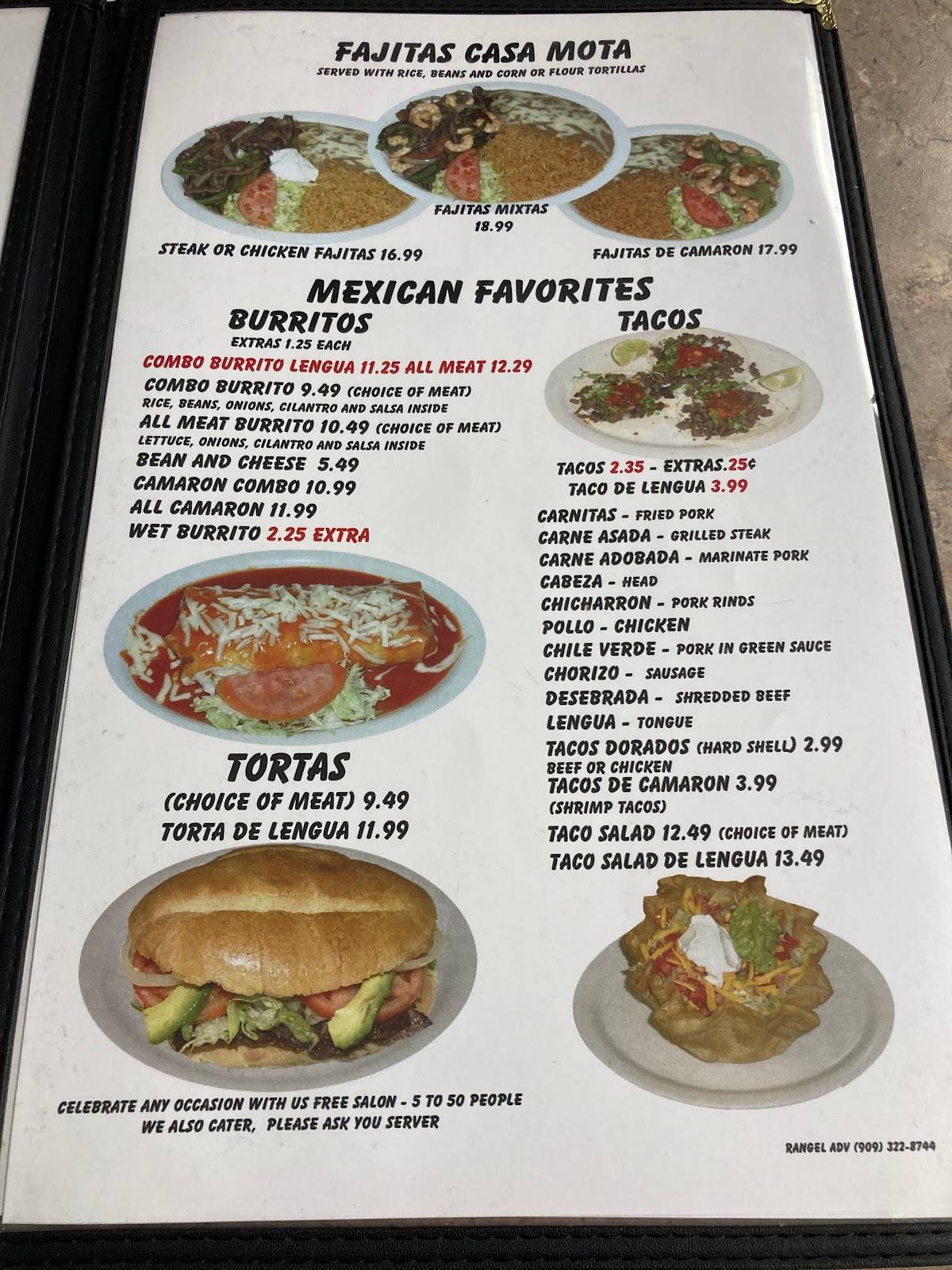 Menu at Casa Mota restaurant, Riverside