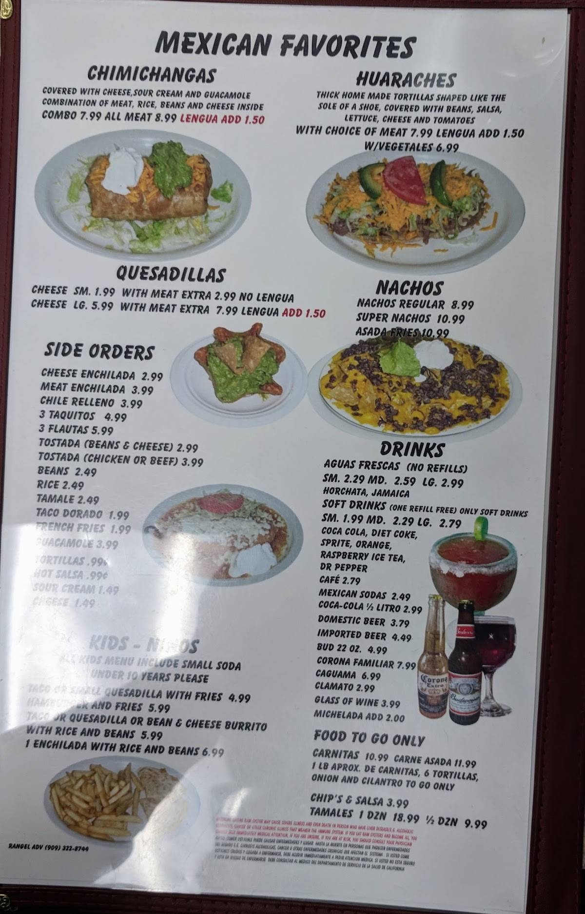 Menu at Casa Mota restaurant, Riverside