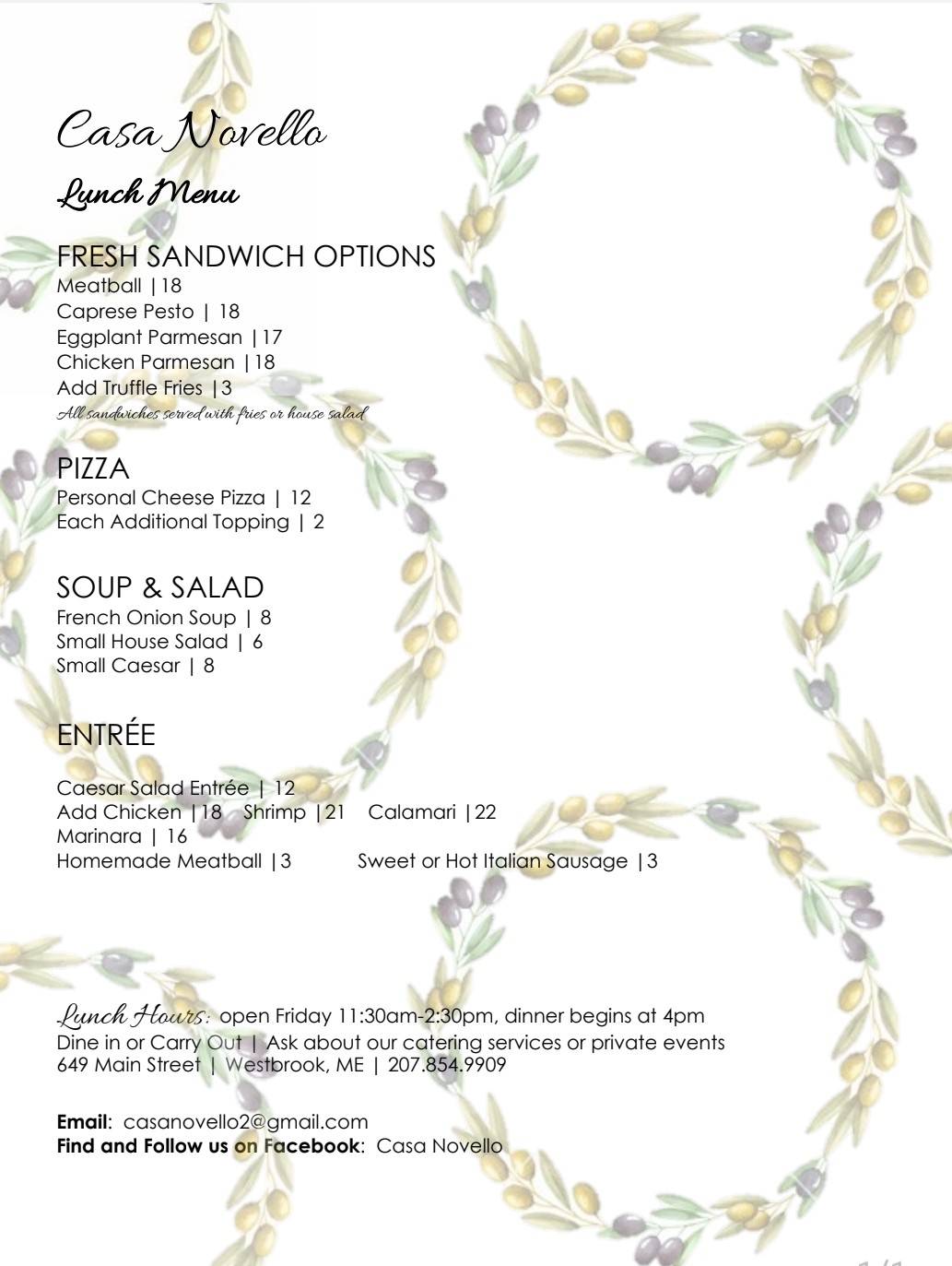 Menu at Casa Novello restaurant, Westbrook