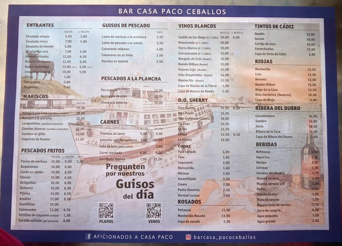 Carta de Bar Casa Paco Ceballos, El Puerto de Santa María