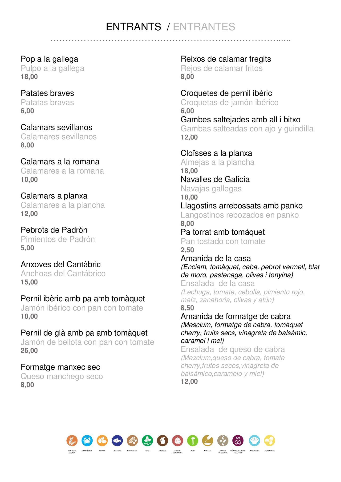 Carta de Casa Raimundo Restaurante, Sitges