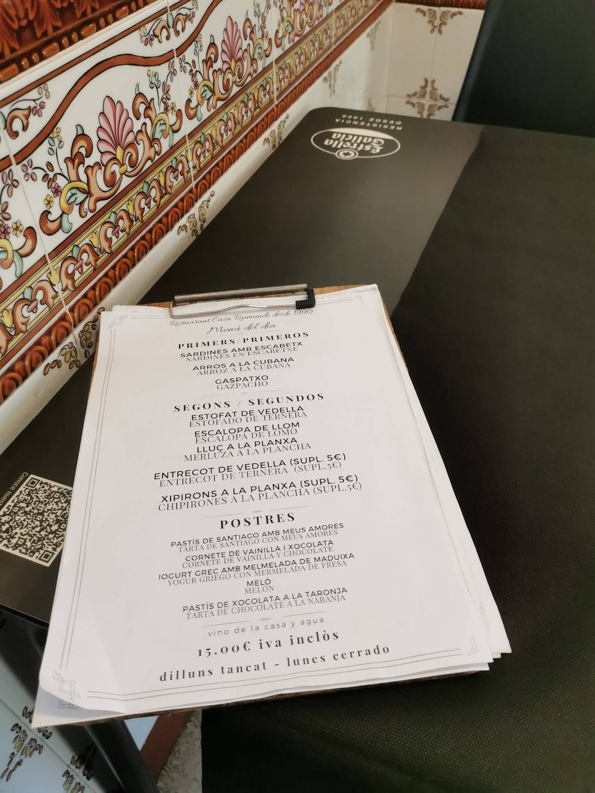 Carta de Casa Raimundo Restaurante, Sitges