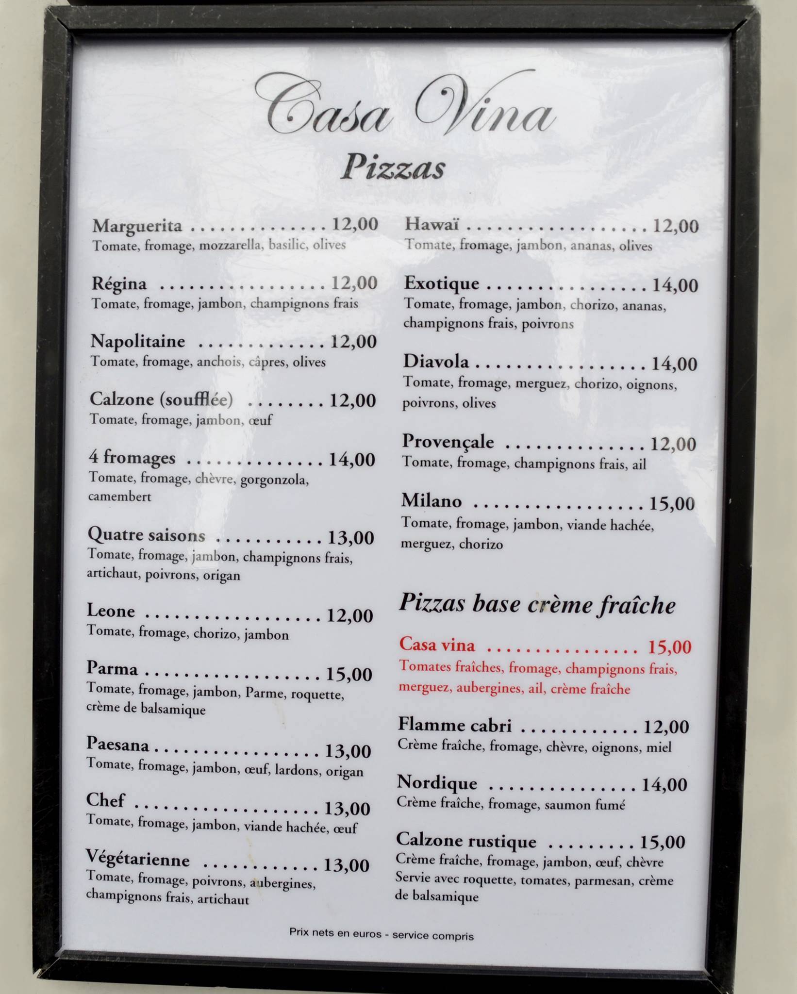 Menu at Casa Vina pizzeria, Paris, 6 Rue Rampon