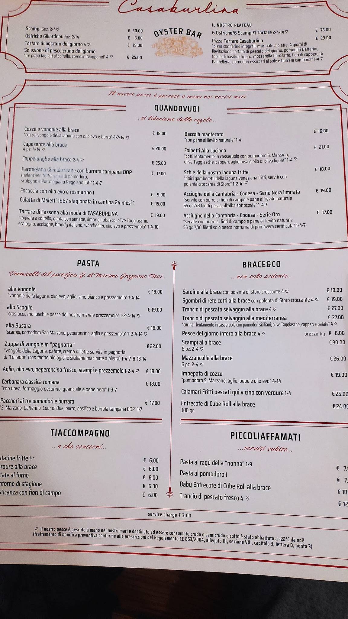 Carta del restaurante Casaburlina, Caorle