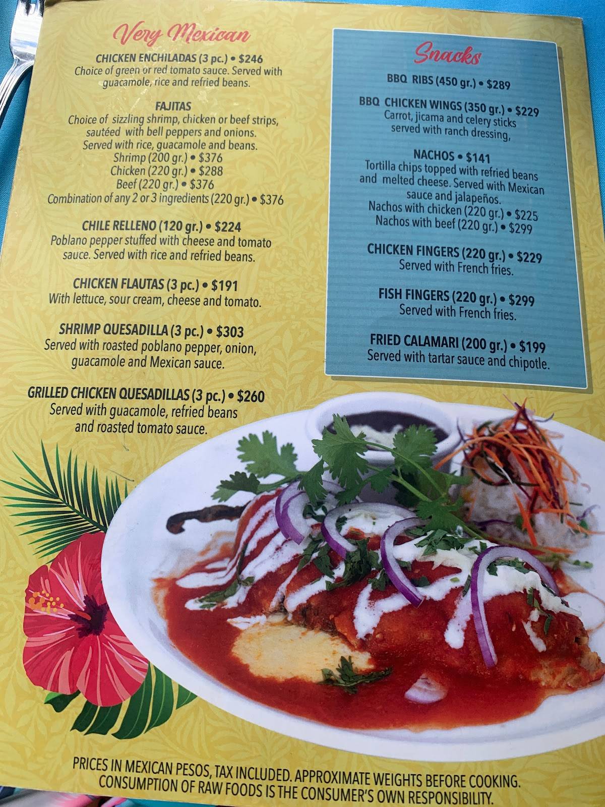 Menu at Cascadas Beach Grill restaurant, Cabo San Lucas, Cam. Viejo a ...