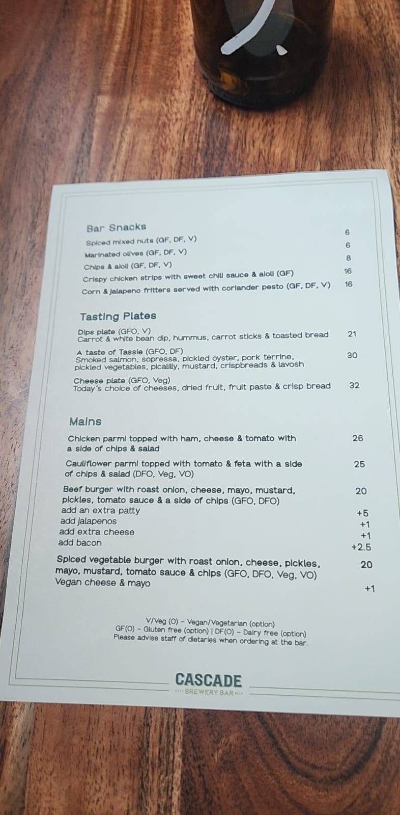 Menu at Cascade Brewery Bar, South Hobart