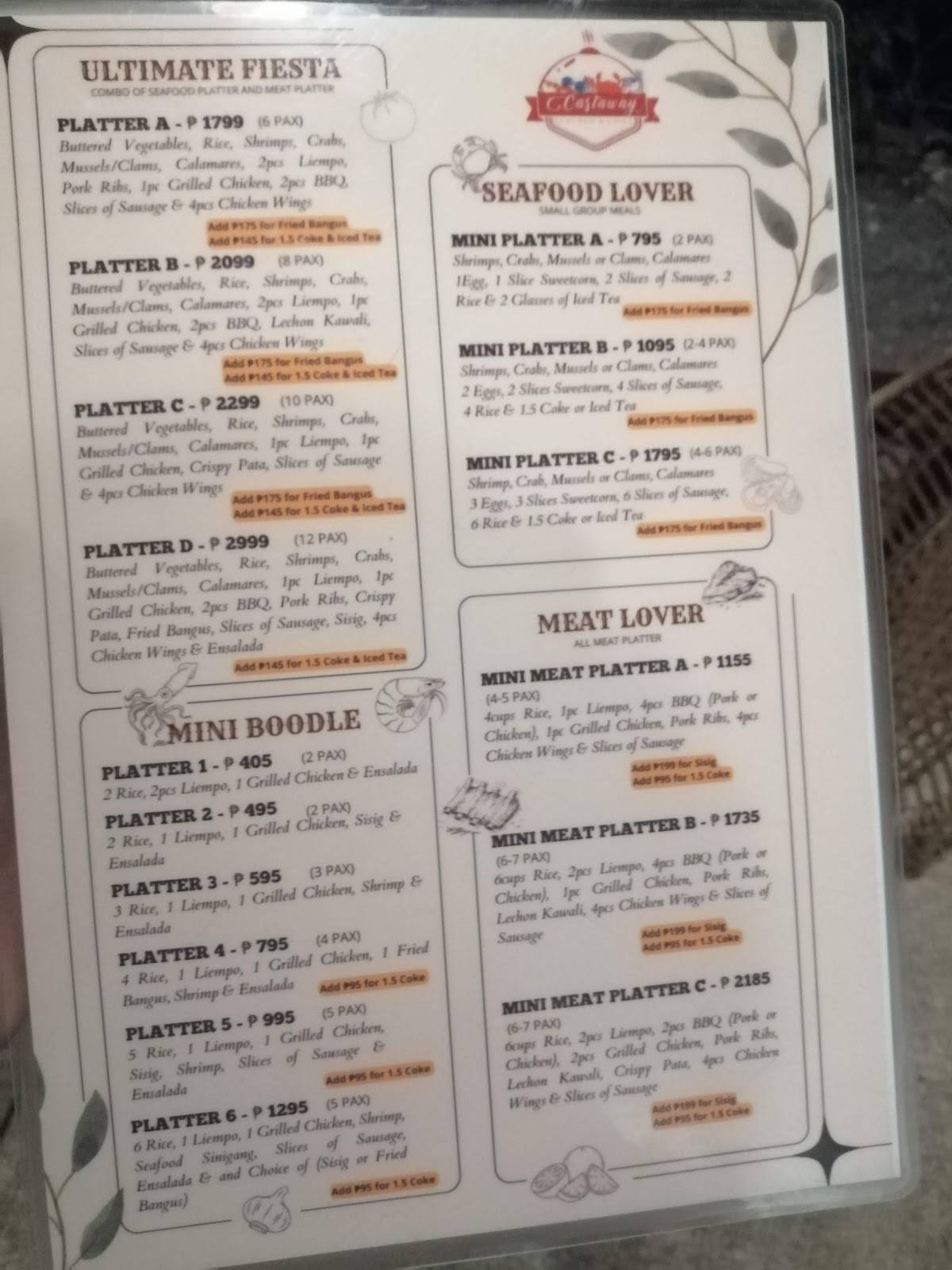 Menu at Castaway Seafood and Grill restaurant, San Fernando