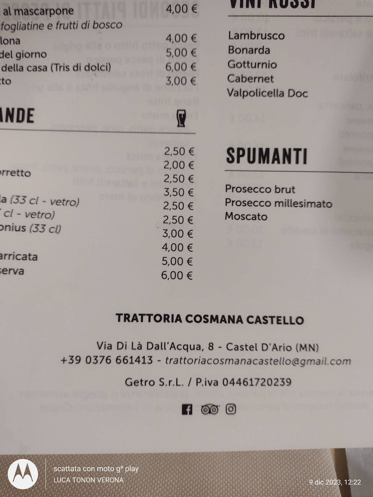 Menu da Trattoria Cosmana Castello ristorante, Castel D'ario