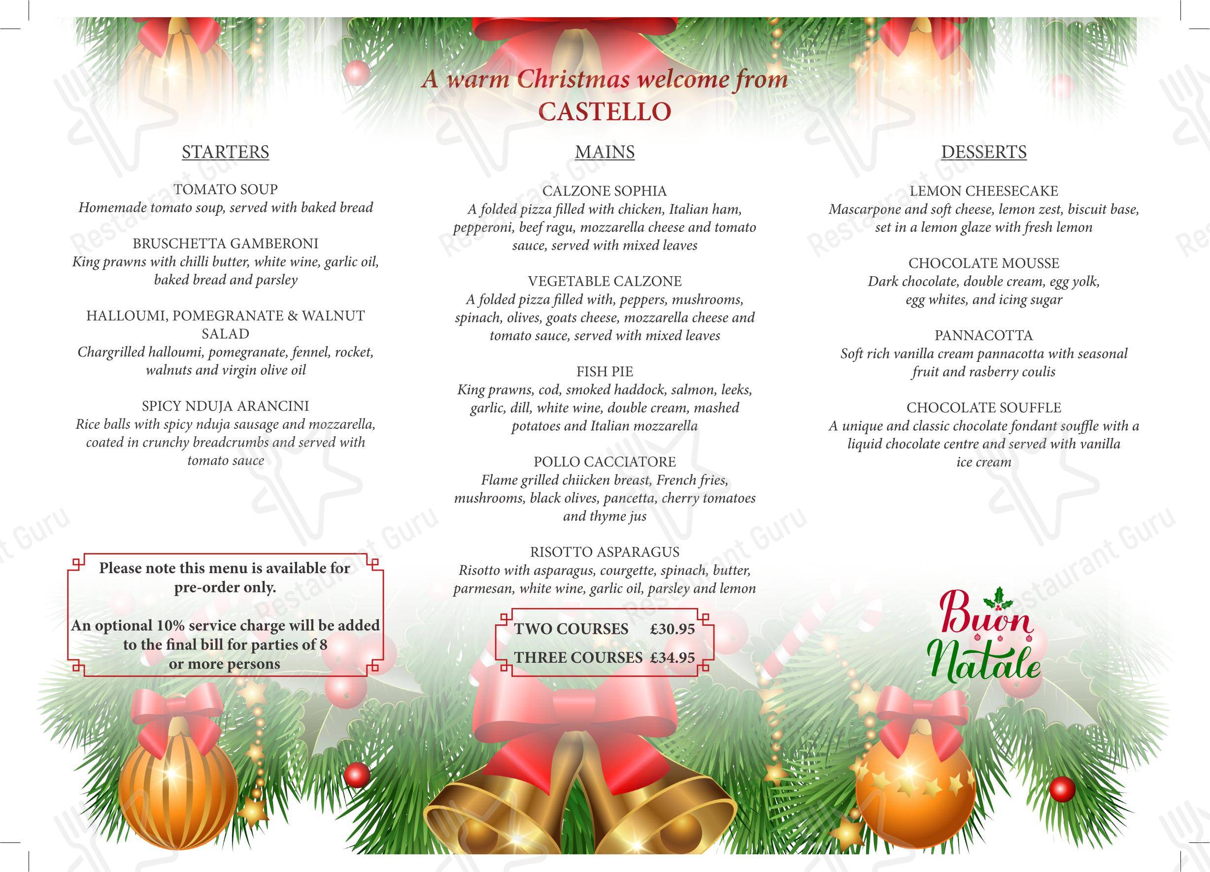 Menu at Castello restaurant, Radstock