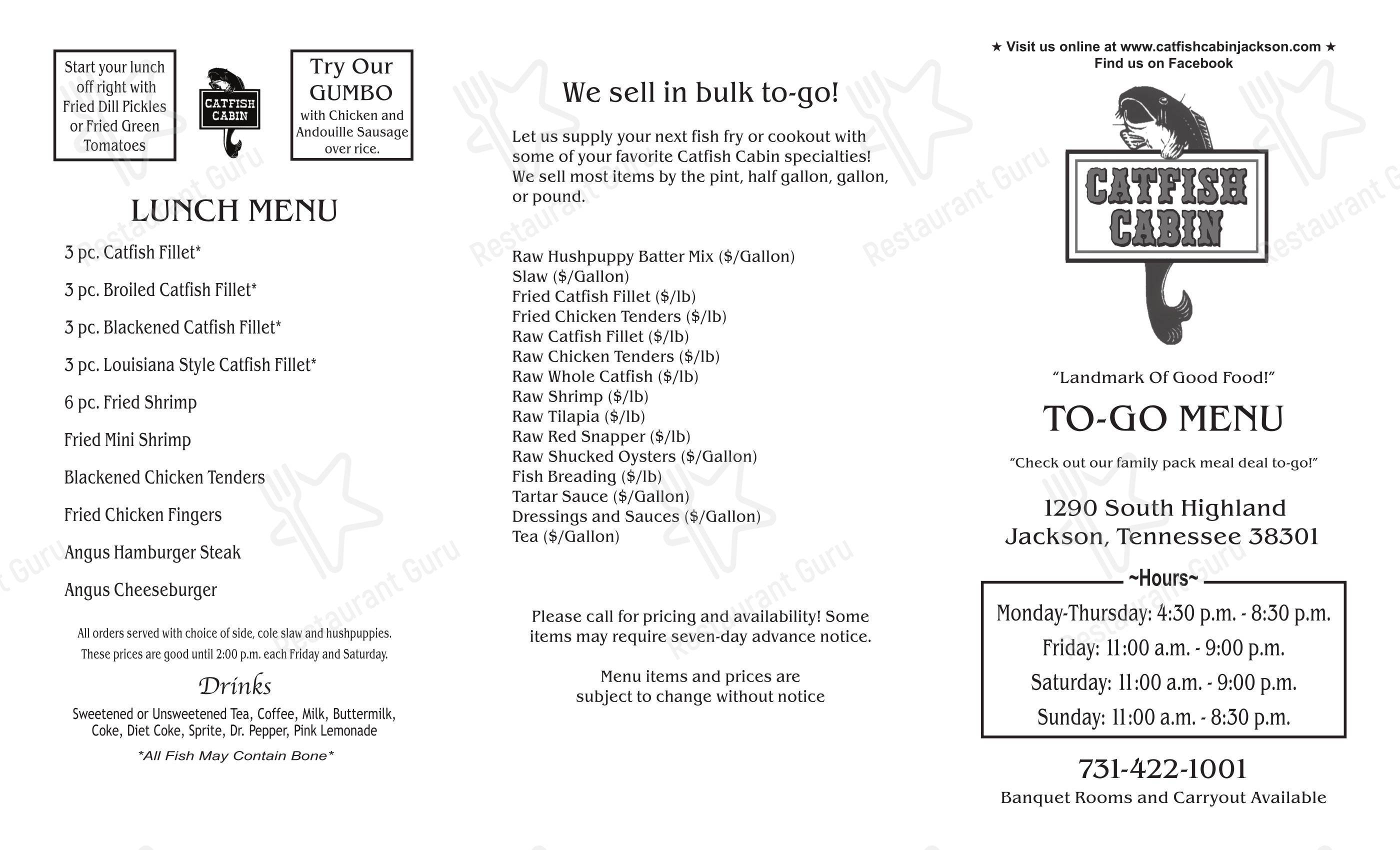 Menu at Catfish Cabin restaurant, Jackson, S Highland Ave