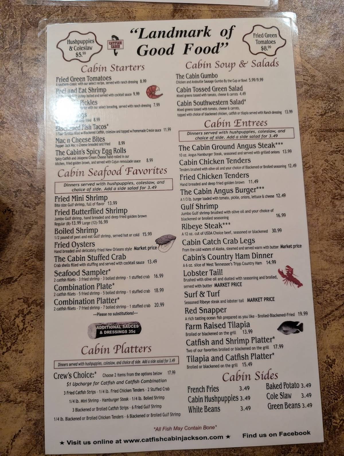 Menu at Catfish Cabin restaurant, Jackson, S Highland Ave