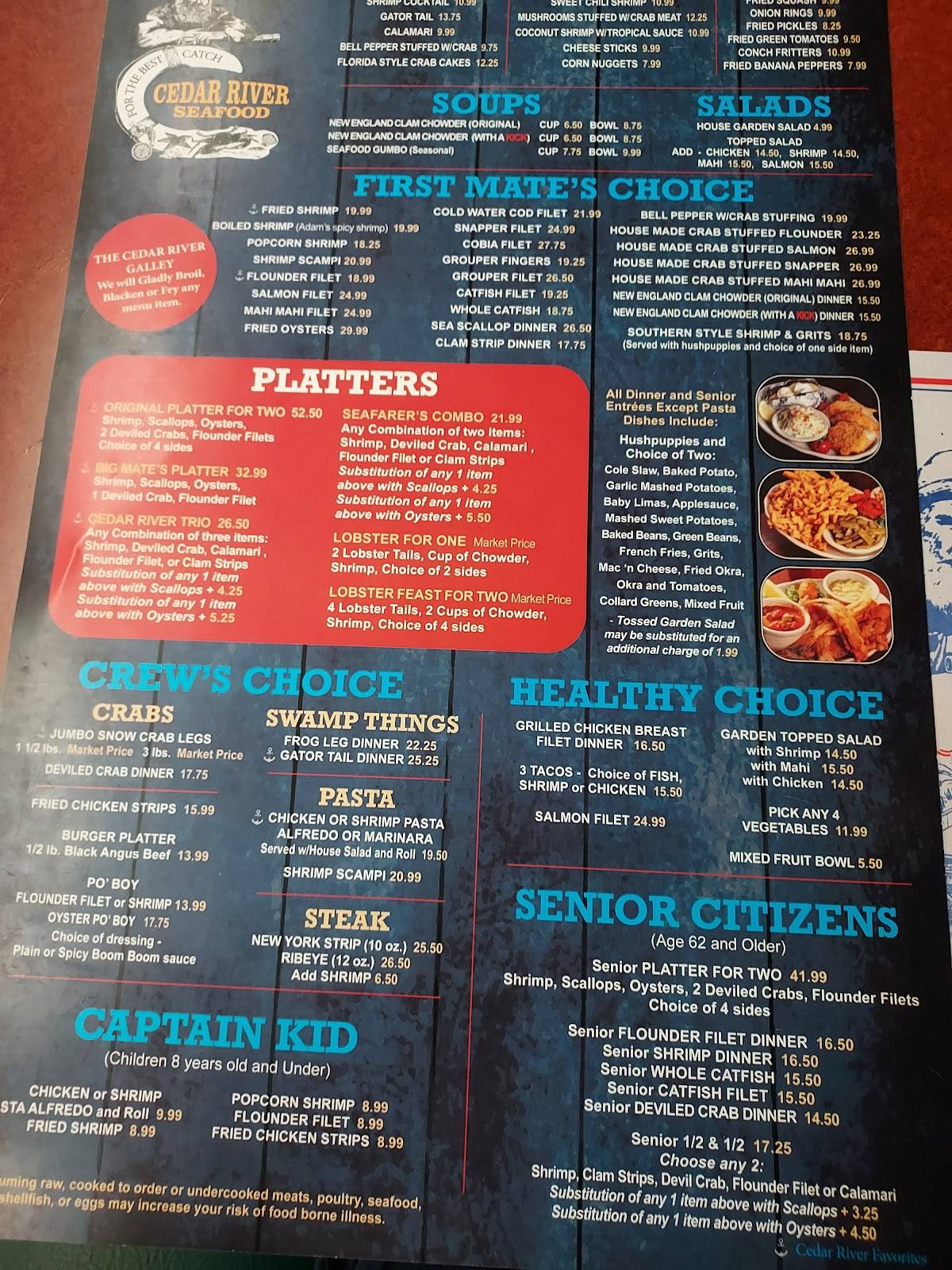 Menu at Cedar River Seafood restaurant, Callahan, US-1